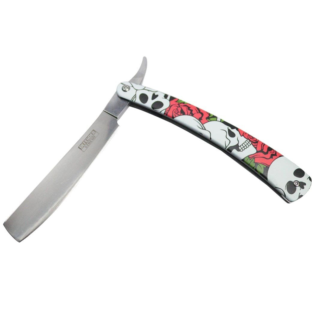 Defender-Xtreme 10" Straight Razor Skull Red Rose Folding Knife 3CR13 ...