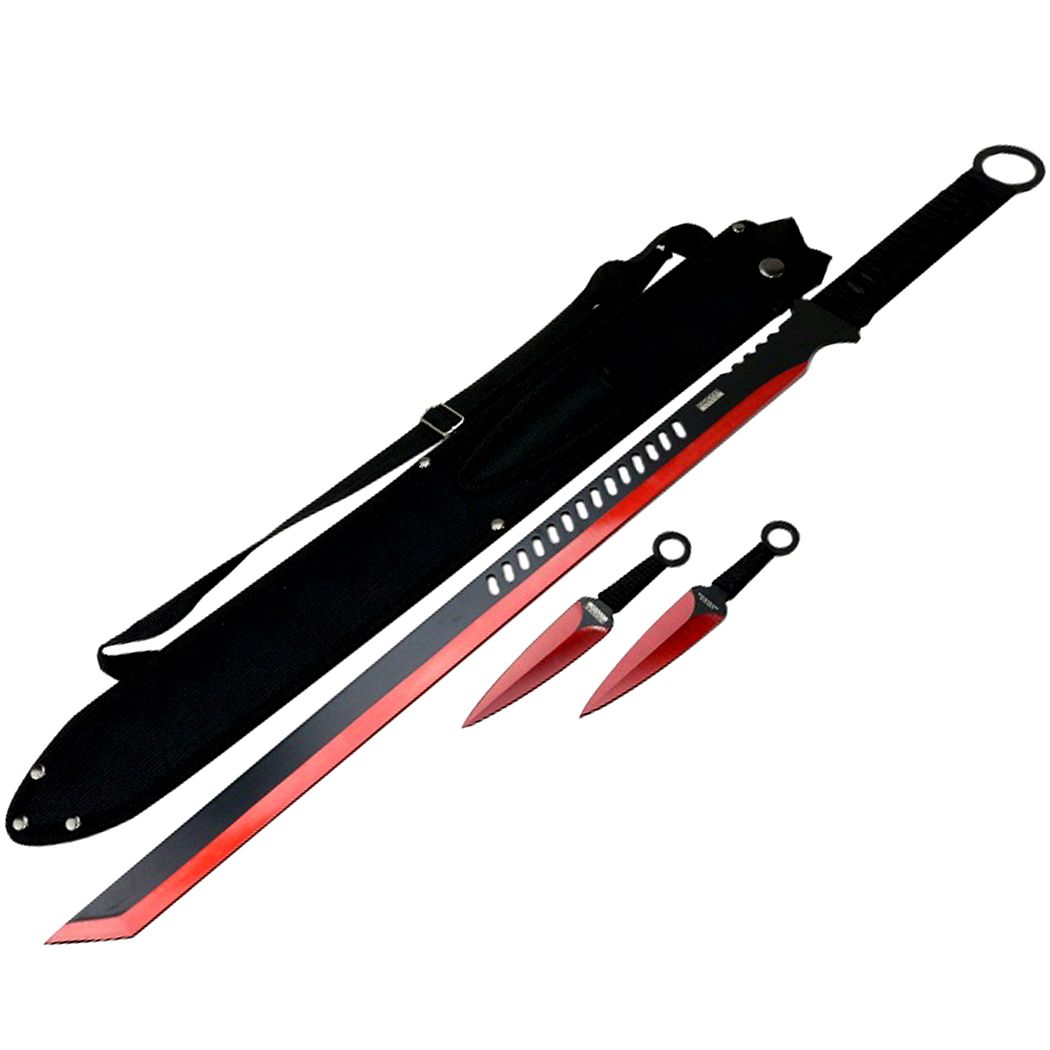 27" Red 2 Tone Blade Sword with 2 Throwing Knives and Sheath – PB TACTICAL